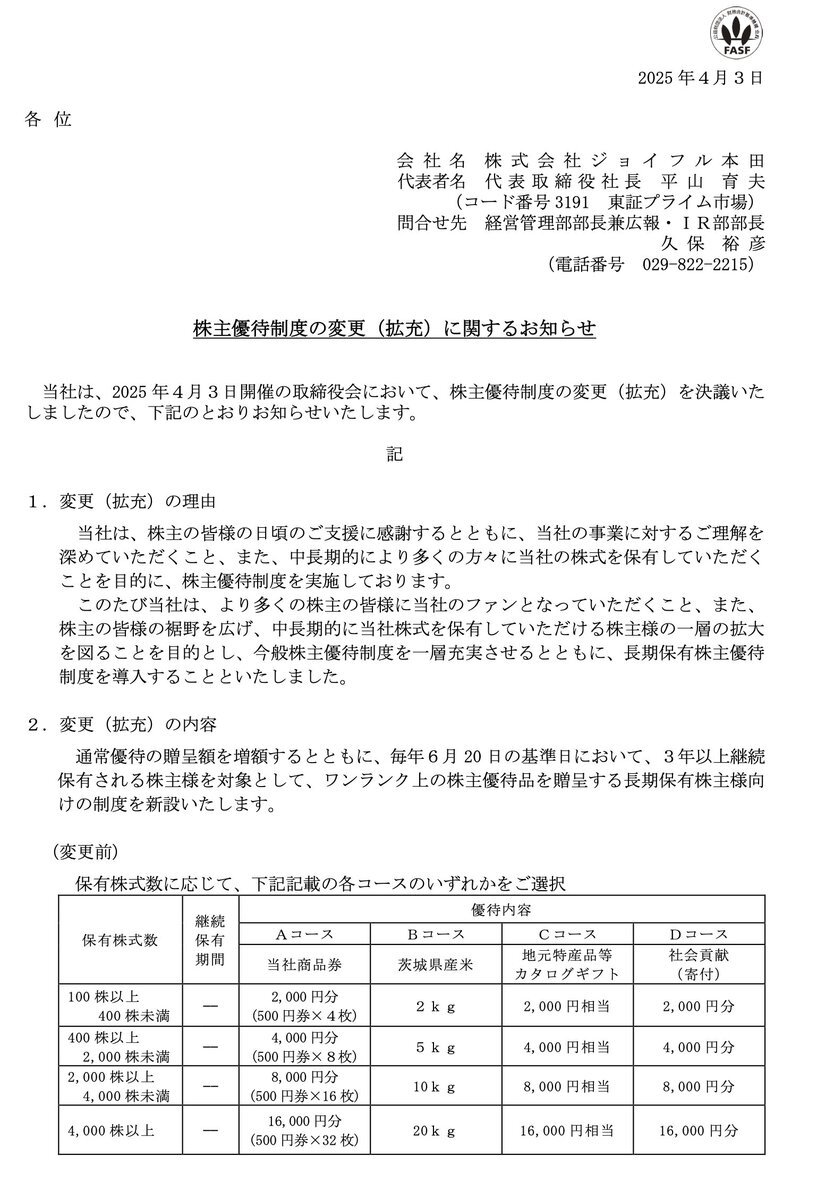 (株)ジョイフル本田【3191】：株つぶやき - Yahoo!ファイナンス