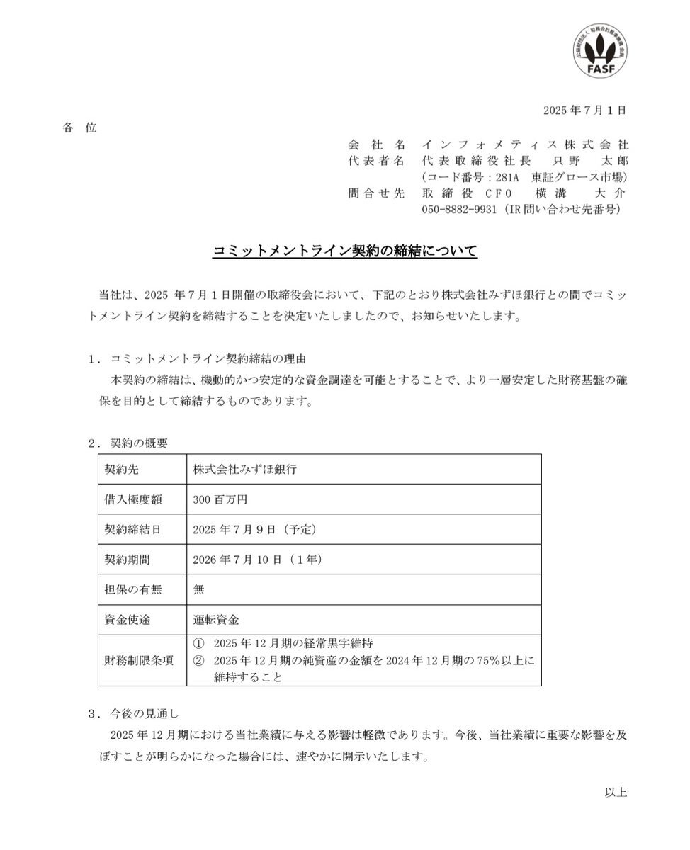 インフォメティス(株)【281A】：株つぶやき - Yahoo!ファイナンス