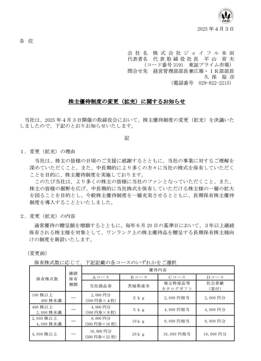 (株)ジョイフル本田【3191】：株つぶやき - Yahoo!ファイナンス